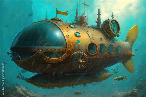 Futuristic Submarines Powered By Steam Engines Steampunk Style Painting