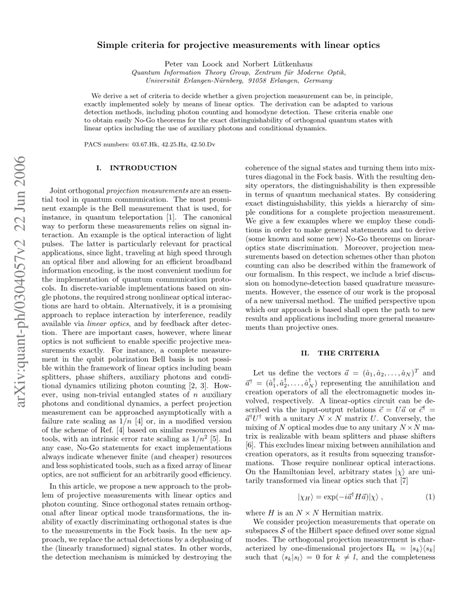 Pdf Simple Criteria For The Implementation Of Projective Measurements With Linear Optics
