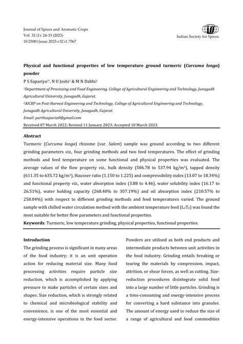 Pdf Physical And Functional Properties Of Low Temperature Ground Turmeric Curcuma Longa Powder