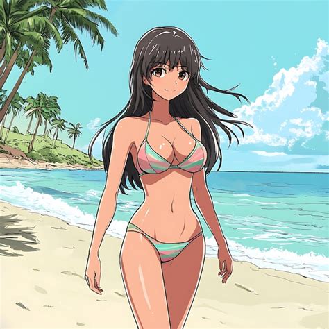 Anime Woman On A Beach In A Bikini Premium Ai Generated Image