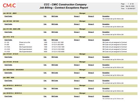 Job Billing Contract Exceptions Report