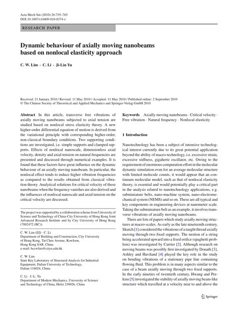 Pdf Dynamic Behaviour Of Axially Moving Nanobeams Based On Nonlocal Elasticity Approach