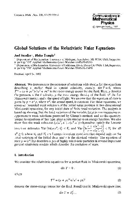 Pdf Global Solutions Of The Relativistic Euler Equations