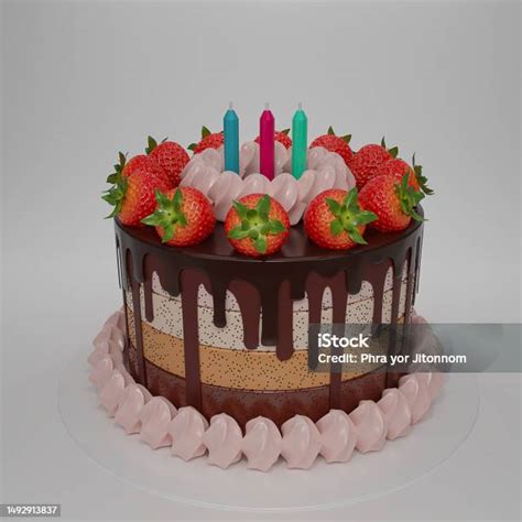 3d는 귀여운 생일 초콜릿 케이크와 딸기와 양초로 장식합니다 딸기 케이크 깜짝 생일 어머니 발렌타인 데이 복사 공간3d 렌더링을