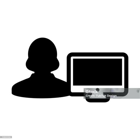 인터넷 아이콘 벡터 여성 사람 사용자 컴퓨터 모니터 화면 아바타 문양 그림 기호에서 평면 색상 검은색에 대한 스톡 벡터 아트 및 기타 이미지 Istock