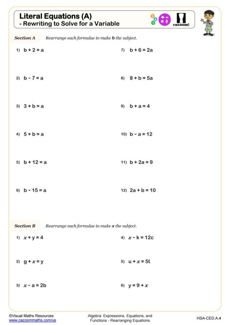 Algebra Literal Equations Worksheet