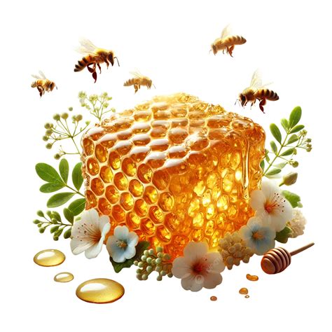 Panal Dorado Con Abejas Flores Blancas Y Gotas De Miel Sobre Un Fondo