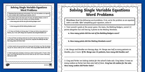 Sixth Grade Solving Single Variable Equations Word Problems