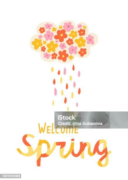 다채로운 비와 꽃의 봄 그림 구름 레터링 웰컴 스프링 봄의 도착의 디자인 컨셉 포스터 엽서에 대한 다채로운 템플릿 벡터 0명에