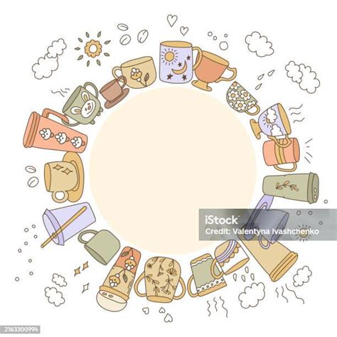 다른 손으로 그린 도자기 Faience 세라믹 찻 주전자 및 컵 낙서 귀여운 부엌 식기 벡터 일러스트 레이 션 프레임 차와 커피