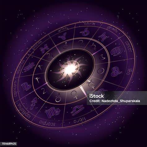 별자리 동그라미 벡터 일러스트 레이 션 기하학 패턴과 별이 빛나는 밤 하늘 배경에 조디악 기호 및 픽토그램 점성술 행성 3차원