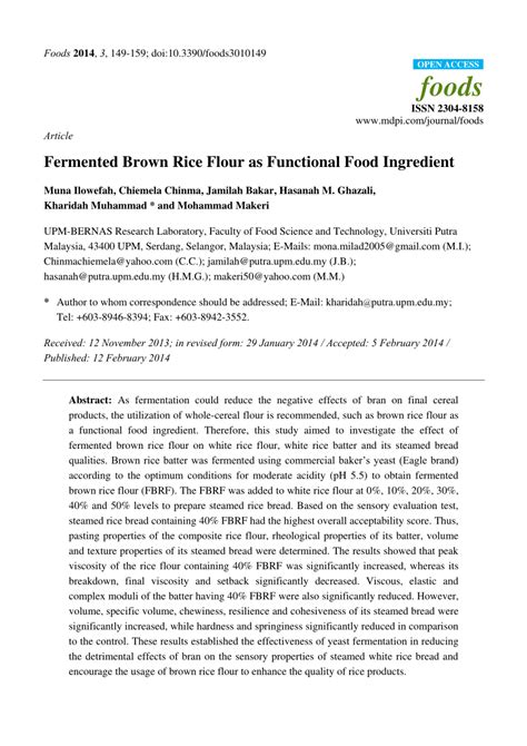 Pdf Fermented Brown Rice Flour As Functional Food Ingredient