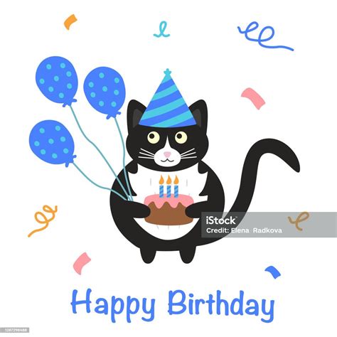 파란색 풍선과 배경에 뱀이있는 파란색 모자에 생일 케이크를 입은 귀여운 검은 고양이 가공의 인물에 대한 스톡 벡터 아트 및 기타 이미지 가공의 인물 가축 검은색