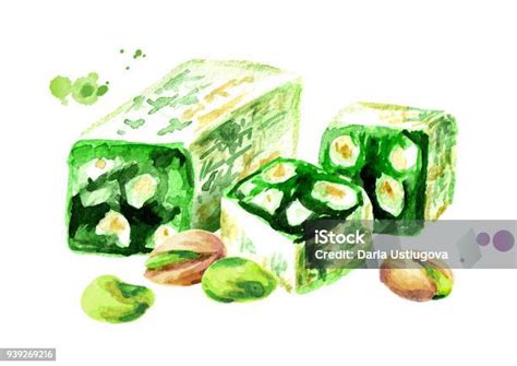 터키어 기쁨입니다 Rahat Lokum 그리고 피스타치오입니다 흰색 배경에 고립 수채화 손으로 그린 그림 견과에 대한 스톡 벡터 아트 및 기타 이미지 Istock