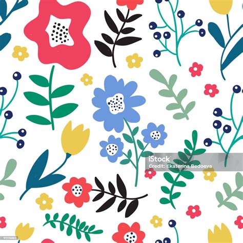 Nahtlose Bunten Blumenmuster Mit Wilden Blumen Auf Weißem Hintergrund Einfachen Skandinavischen