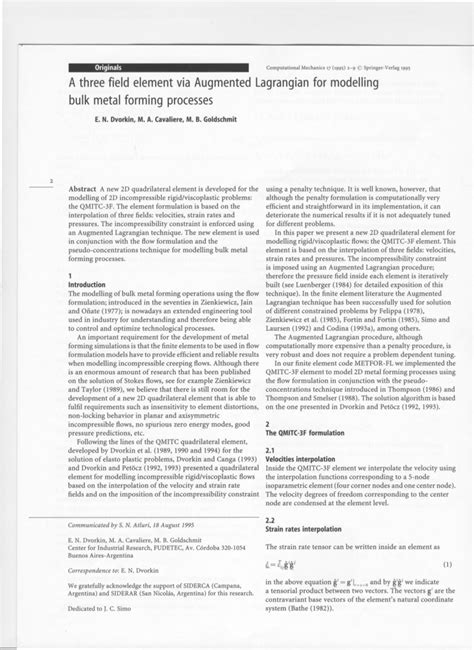 Pdf A Three Field Element Via Augmented Lagrangian For Modelling Bulk Metal Forming Processes