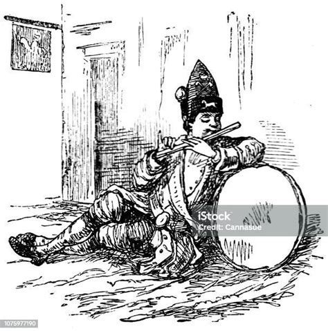 18 세기 초 군인의 빅토리아 흑백 그림 Leant 파이프 재생 그의 드럼에 대 한 초기 자본 편지 O 삭제 4 명의 조르쥬 1879입니다 19세기에 대한 스톡 벡터 아트