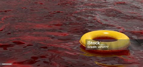 피 묻은 바다에 떠 있는 풍선 노란색 수영 반지 대격변 배경 개념입니다 3d 렌더링 이미지입니다 3차원 형태에 대한 스톡 사진