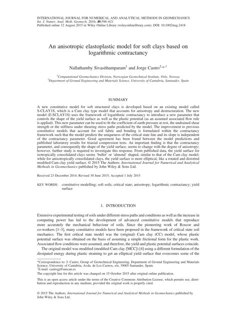 Pdf An Anisotropic Elastoplastic Model For Soft Clays Based On Logarithmic Contractancy