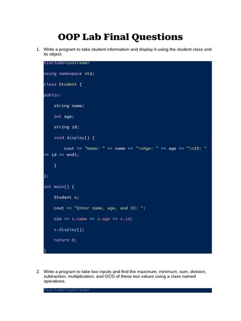 Oopanddsa Lab Final Questions Pdf Namespace Computer Programming