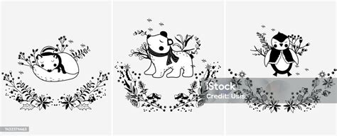 흑백 모자에 잠자는 늑대 귀여운 북극 펭귄 재미있는 북극곰 겨울 화환 나뭇잎과 열매 개념 크리스마스와 새해인사말 카드 포스터 엽서 배너에 적합합니다 2023년에 대한 스톡