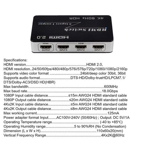 3x1 HDMI Switch 4K 1080P HDTV 3 In 1 Out HDMI Switcher Aluminum With Remote Control 4K 3 Port