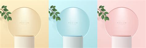 파스텔 노란색 파란색 분홍색 색상 장면에 사실적인 흰색 3d 실린더 연단과 녹색 잎의 세트 모형 제품 디스플레이를위한 추상적 인