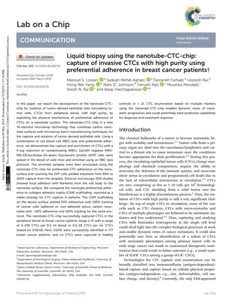 Pdf Liquid Biopsy Using The Nanotube Ctc Chip Capture Of Invasive Ctcs With High Purity Using