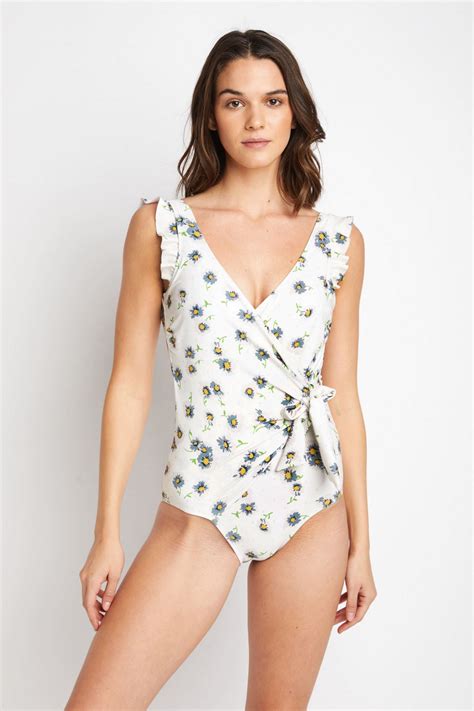 Marina West Swim Float On Ruffle Faux Wrap One Piece In Daisy Cream