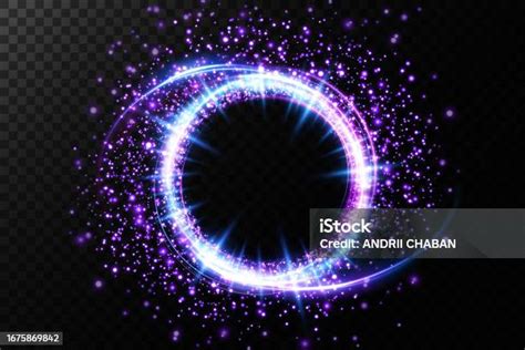매직 판타지 포털 작은 먼지 입자가 있는 둥근 조명 프레임 미래형 순간이동 파란색 보라색 네온 불빛이 투명한 배경에 반짝임으로 야경을 비춥니다 텅 빈 연단의 조명 효과