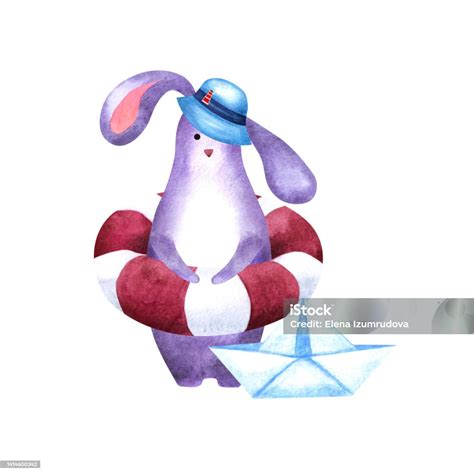 파나마 모자를 쓴 바다의 귀여운 토끼 구명 부표와 종이 보트 흰색 배경에 고립 된 수채화 그림 0명에 대한 스톡 벡터 아트 및 기타 이미지 Istock