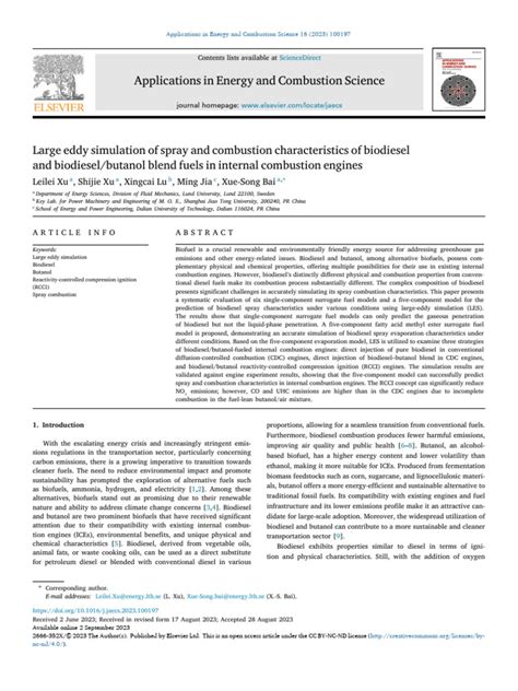 2023 Large Eddy Simulation Of Spray And Combustion Characteristics Of Biodiesel And Biodiesel Or