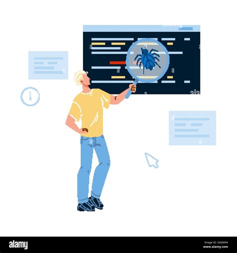 Software Testing Program On Bug And Errors Vector Software Code Test Service Man It Worker