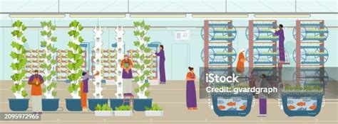 수직 농장 와 노동자 평면 벡터 Illustration 작물 생산을 위한 다양한 장비를 갖춘 온실 에어로포닉 타워 수경법 및 아쿠아포닉 분무경에 대한 스톡 벡터 아트 및