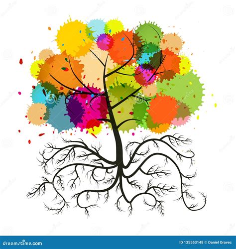 Abstract Vector Tree With Roots And Colorful Splashes Stock Vector