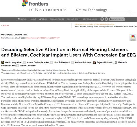 New Publication On Decoding Selective Attention For Ci Users From Eeg Auditory Prosthetic Group