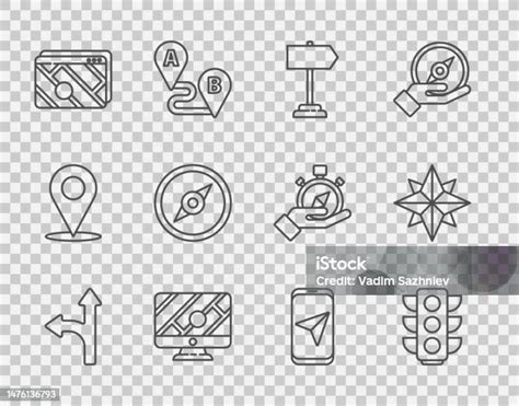 설정 라인 도로 교통 표지판 신호등 위치 마커가있는 모니터 도시지도 탐색 인포 그래픽 나침반 도시 및 바람 장미 아이콘 벡터 0