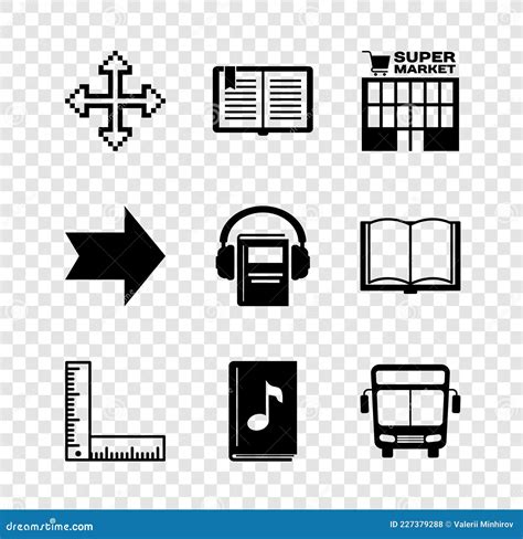 Set Pixel Arrows In Four Directions Open Book Supermarket Building Folding Ruler Audio Bus