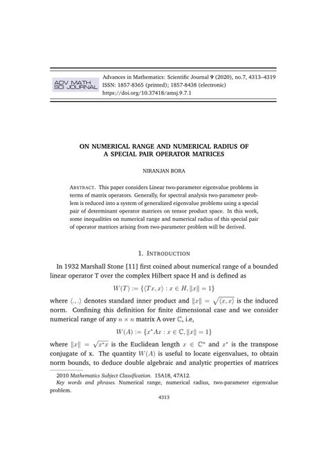Pdf On Numerical Range And Numerical Radius Of A Special Pair Operator Matrices