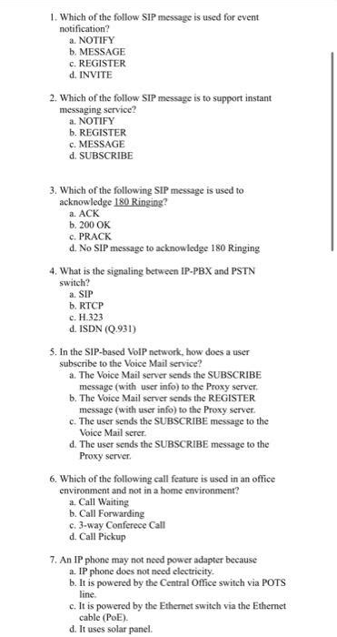 Solved 1 Which Of The Follow Sip Message Is Used For Event