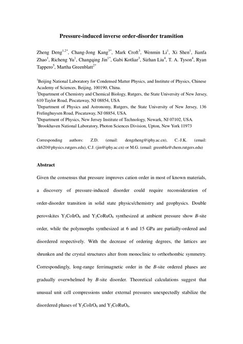 Pdf Pressure Induced Inverse Order Disorder Transition