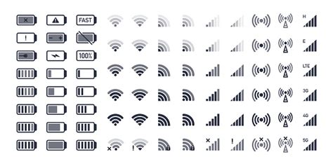 스마트폰 Wifi 및 배터리 아이콘 휴대 전화 표시기 배터리 충전 수준 5g 및 Wifi 신호 강도 아이콘 평면 벡터 일러스트 레이 션 세트 네트워크 무선 기호 배터리
