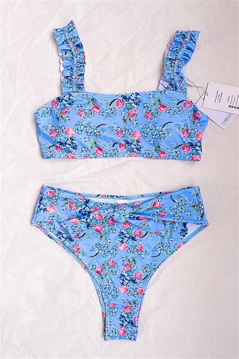 Flowers Bandeau Bikini Top With Ruffled Shoulder Straps Aesvs