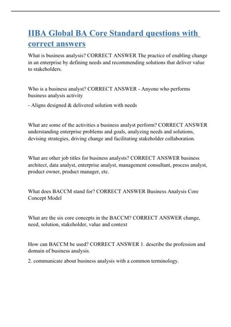 Iiba Global Ba Core Standard Questions With Correct Answers Iiba Stuvia Us