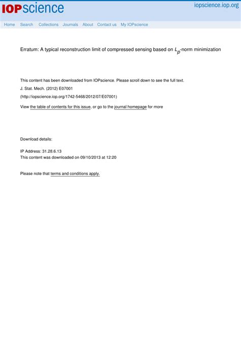Pdf Erratum A Typical Reconstruction Limit Of Compressed Sensing Based On Lp Norm Minimization