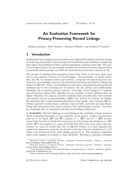 Pdf An Evaluation Framework For Privacy Preserving Record Linkage
