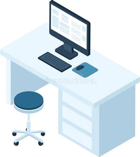 Isometric View Of A Workspace Featuring A Computer Displaying Data On