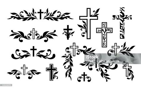 장례식 장식 벡터 기념 디자인 요소입니다 테두리 칸막이 리본 프레임 및 코너 십자가에 대한 스톡 벡터 아트 및 기타 이미지 십자가 십자형 기독교 Istock