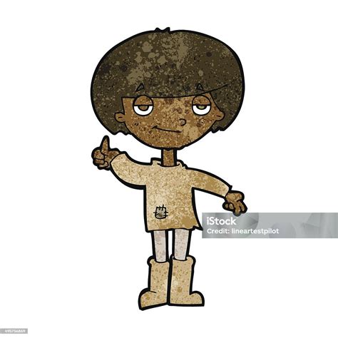 말풍선이 있는 남자아이 In 빈민층 의류에는 기부 최고야 기호까지 그리기에 대한 스톡 벡터 아트 및 기타 이미지 그리기