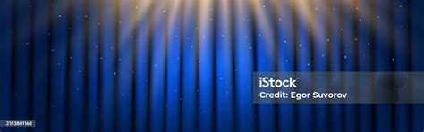 스포트라이트가 있는 커튼 파란색 배경입니다 날아다니는 입자가 있는 밝은 스테이지 닫힌 커튼이 있는 의식 템플릿입니다 광선이 있는